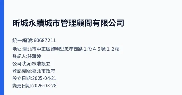 昕城永續城市管理顧問有限公司的照片-統編 60687211(臺北市) 公司登記資料與營業項目詳細圖表