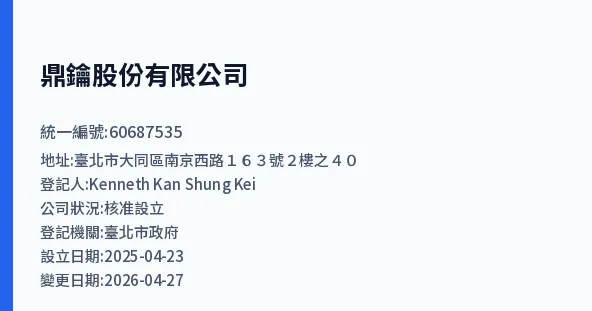 鼎鑰股份有限公司的照片-統編 60687535(臺北市) 公司登記資料與營業項目詳細圖表