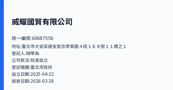 威耀國貿有限公司的照片-統編 60687556(臺北市) 公司登記資料與營業項目詳細圖表