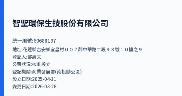 智聖環保生技股份有限公司的照片-統編 60688197(花蓮縣) 公司登記資料與營業項目詳細圖表
