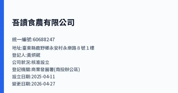 吾讀食農有限公司的照片-統編 60688247(臺東縣) 公司登記資料與營業項目詳細圖表