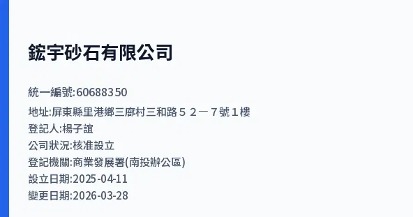 鋐宇砂石有限公司的照片-統編 60688350(屏東縣) 公司登記資料與營業項目詳細圖表