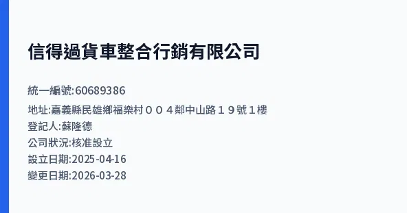信得過貨車整合行銷有限公司的照片-統編 60689386(嘉義縣) 公司登記資料與營業項目詳細圖表