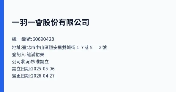 一羽一會股份有限公司的照片-統編 60690428(臺北市) 公司登記資料與營業項目詳細圖表
