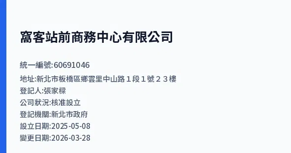 窩客站前商務中心有限公司的照片-統編 60691046(新北市) 公司登記資料與營業項目詳細圖表