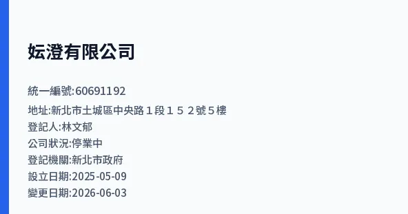妘澄有限公司的照片-統編 60691192(新北市) 公司登記資料與營業項目詳細圖表