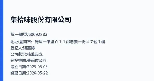 集拾味股份有限公司的照片-統編 60692283(臺南市) 公司登記資料與營業項目詳細圖表