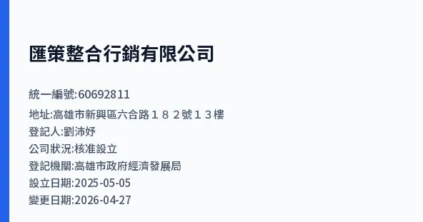 匯策整合行銷有限公司的照片-統編 60692811(高雄市) 公司登記資料與營業項目詳細圖表