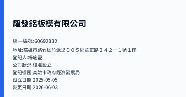 耀發鋁板模有限公司的照片-統編 60692832(高雄市) 公司登記資料與營業項目詳細圖表