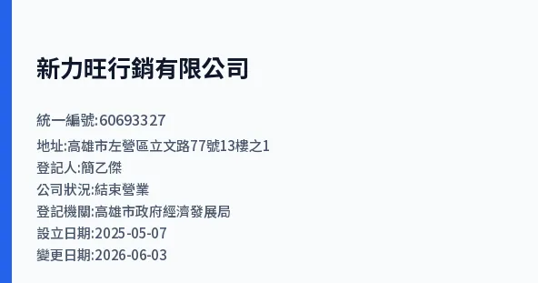 新力旺行銷有限公司的照片-統編 60693327(高雄市) 公司登記資料與營業項目詳細圖表