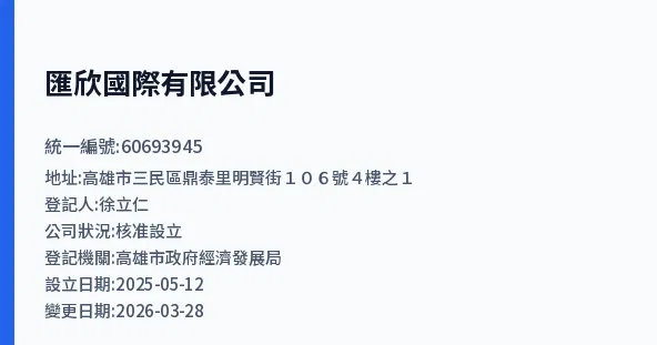 匯欣國際有限公司的照片-統編 60693945(高雄市) 公司登記資料與營業項目詳細圖表