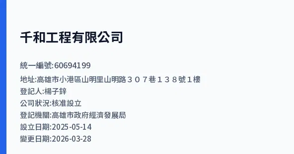 千和工程有限公司的照片-統編 60694199(高雄市) 公司登記資料與營業項目詳細圖表