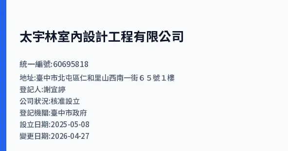 太宇林室內設計工程有限公司的照片-統編 60695818(臺中市) 公司登記資料與營業項目詳細圖表