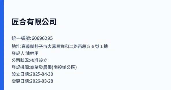 匠合有限公司的照片-統編 60696295(嘉義縣) 公司登記資料與營業項目詳細圖表
