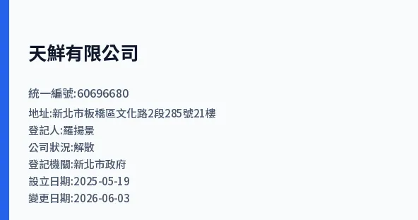 天鮮有限公司的照片-統編 60696680(新北市) 公司登記資料與營業項目詳細圖表