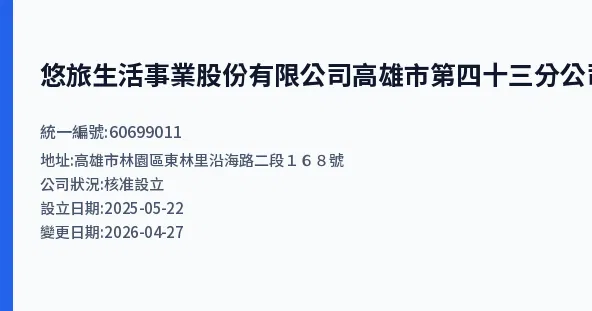 悠旅生活事業股份有限公司高雄市第四十三分公司的照片-統編 60699011(高雄市) 公司登記資料與營業項目詳細圖表