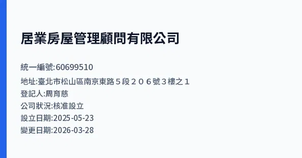 居業房屋管理顧問有限公司的照片-統編 60699510(臺北市) 公司登記資料與營業項目詳細圖表