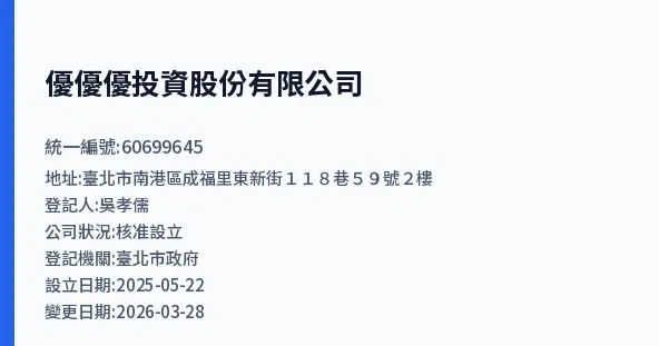 優優優投資股份有限公司的照片-統編 60699645(臺北市) 公司登記資料與營業項目詳細圖表