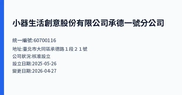 小器生活創意股份有限公司承德一號分公司的照片-統編 60700116(臺北市) 公司登記資料與營業項目詳細圖表