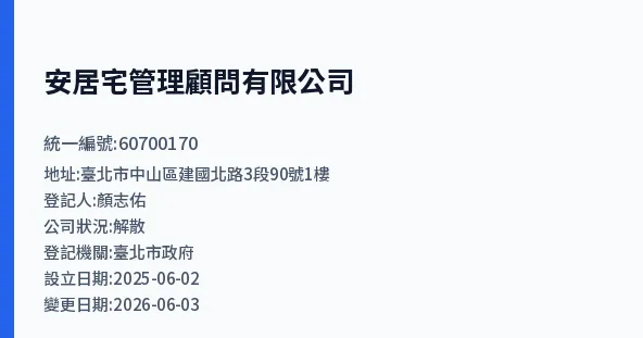 安居宅管理顧問有限公司的照片-統編 60700170(臺北市) 公司登記資料與營業項目詳細圖表