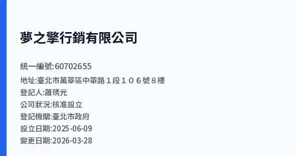 夢之擎行銷有限公司的照片-統編 60702655(臺北市) 公司登記資料與營業項目詳細圖表