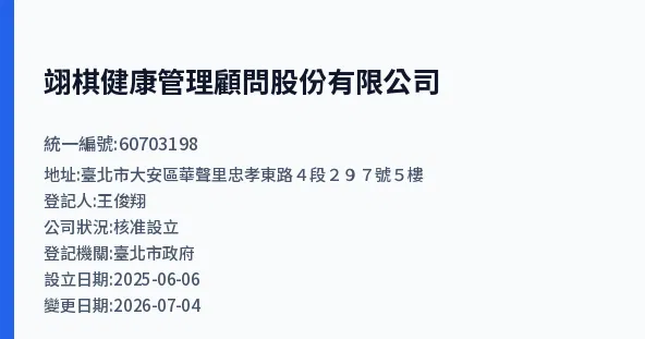 翊棋健康管理顧問股份有限公司的照片-統編 60703198(臺北市) 公司登記資料與營業項目詳細圖表