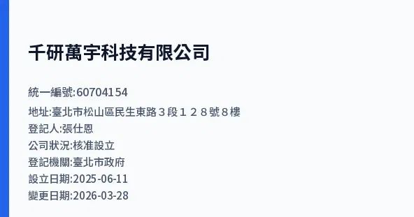 千研萬宇科技有限公司的照片-統編 60704154(臺北市) 公司登記資料與營業項目詳細圖表