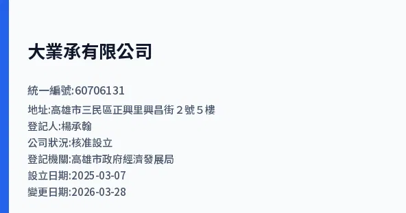 大業承有限公司的照片-統編 60706131(高雄市) 公司登記資料與營業項目詳細圖表