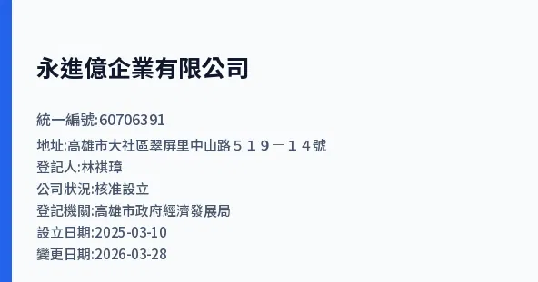 永進億企業有限公司的照片-統編 60706391(高雄市) 公司登記資料與營業項目詳細圖表