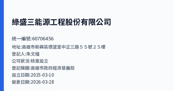 綠盛三能源工程股份有限公司的照片-統編 60706456(高雄市) 公司登記資料與營業項目詳細圖表