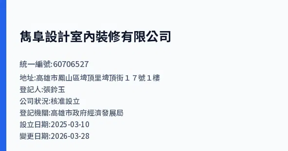 雋阜設計室內裝修有限公司的照片-統編 60706527(高雄市) 公司登記資料與營業項目詳細圖表
