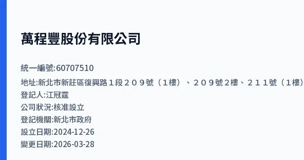 萬程豐股份有限公司的照片-統編 60707510(新北市) 公司登記資料與營業項目詳細圖表