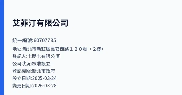 艾菲汀有限公司的照片-統編 60707785(新北市) 公司登記資料與營業項目詳細圖表