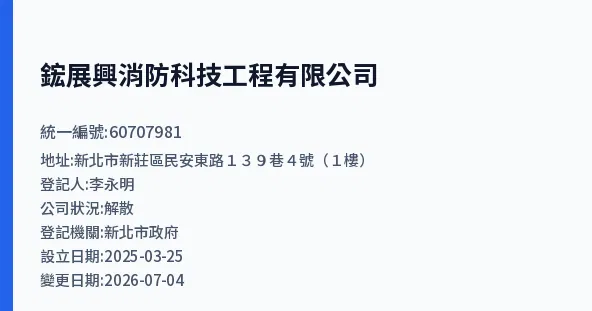 鋐展興消防科技工程有限公司的照片-統編 60707981(新北市) 公司登記資料與營業項目詳細圖表