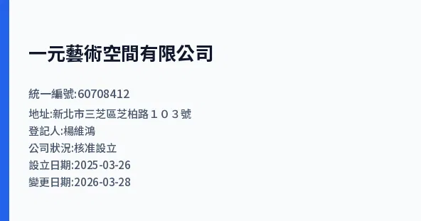 一元藝術空間有限公司的照片-統編 60708412(新北市) 公司登記資料與營業項目詳細圖表