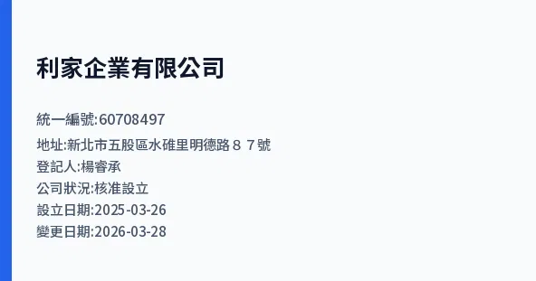 利家企業有限公司的照片-統編 60708497(新北市) 公司登記資料與營業項目詳細圖表