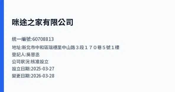 咪途之家有限公司的照片-統編 60708813(新北市) 公司登記資料與營業項目詳細圖表