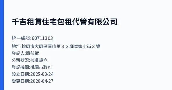 千吉租賃住宅包租代管有限公司的照片-統編 60711303(桃園市) 公司登記資料與營業項目詳細圖表