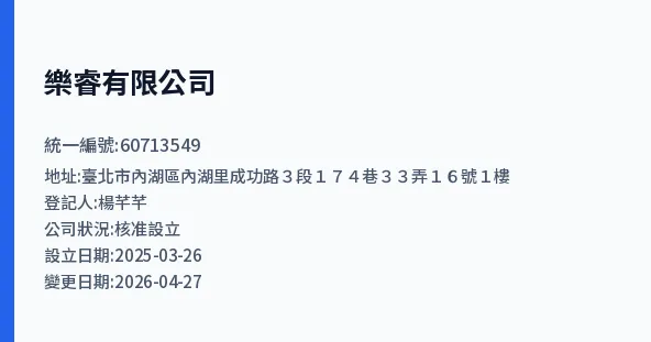 樂睿有限公司的照片-統編 60713549(臺北市) 公司登記資料與營業項目詳細圖表