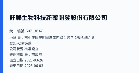 舒藤生物科技新藥開發股份有限公司的照片-統編 60713647(臺北市) 公司登記資料與營業項目詳細圖表