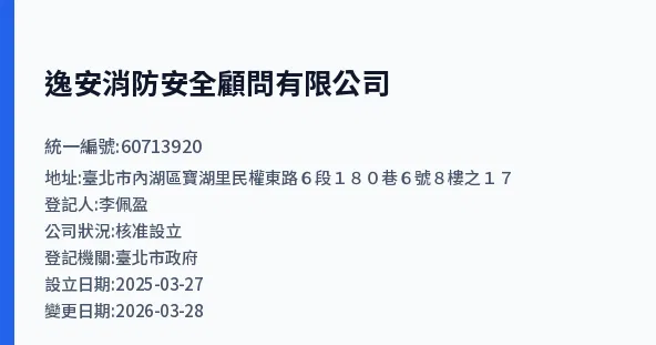逸安消防安全顧問有限公司的照片-統編 60713920(臺北市) 公司登記資料與營業項目詳細圖表