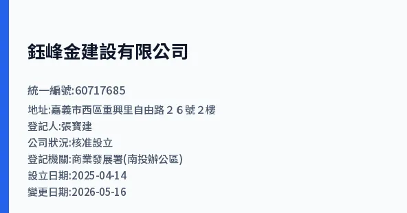 鈺峰金建設有限公司的照片-統編 60717685(嘉義市) 公司登記資料與營業項目詳細圖表