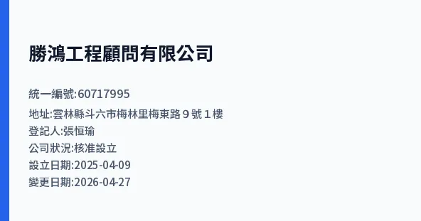勝鴻工程顧問有限公司的照片-統編 60717995(雲林縣) 公司登記資料與營業項目詳細圖表