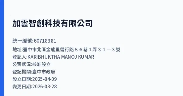 加雲智創科技有限公司的照片-統編 60718381(臺中市) 公司登記資料與營業項目詳細圖表