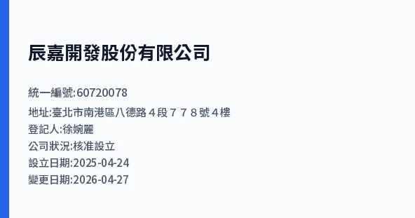 辰嘉開發股份有限公司的照片-統編 60720078(臺北市) 公司登記資料與營業項目詳細圖表