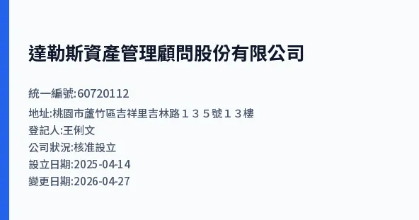 達勒斯資產管理顧問股份有限公司的照片-統編 60720112(桃園市) 公司登記資料與營業項目詳細圖表