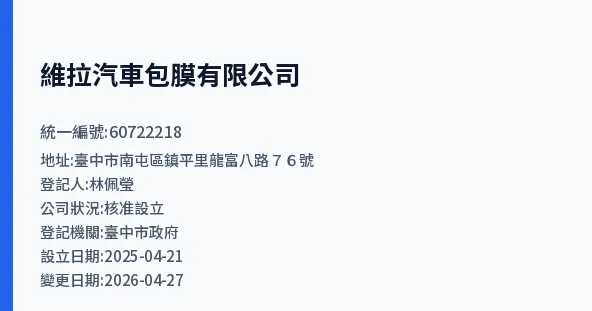 維拉汽車包膜有限公司的照片-統編 60722218(臺中市) 公司登記資料與營業項目詳細圖表