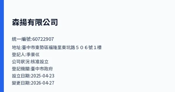 森揚有限公司的照片-統編 60722907(臺中市) 公司登記資料與營業項目詳細圖表