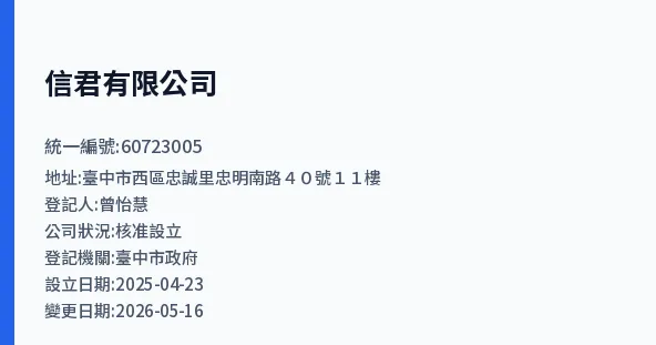 信君有限公司的照片-統編 60723005(臺中市) 公司登記資料與營業項目詳細圖表