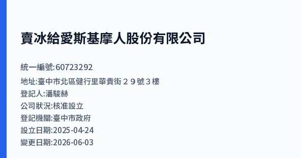 賣冰給愛斯基摩人股份有限公司的照片-統編 60723292(臺中市) 公司登記資料與營業項目詳細圖表